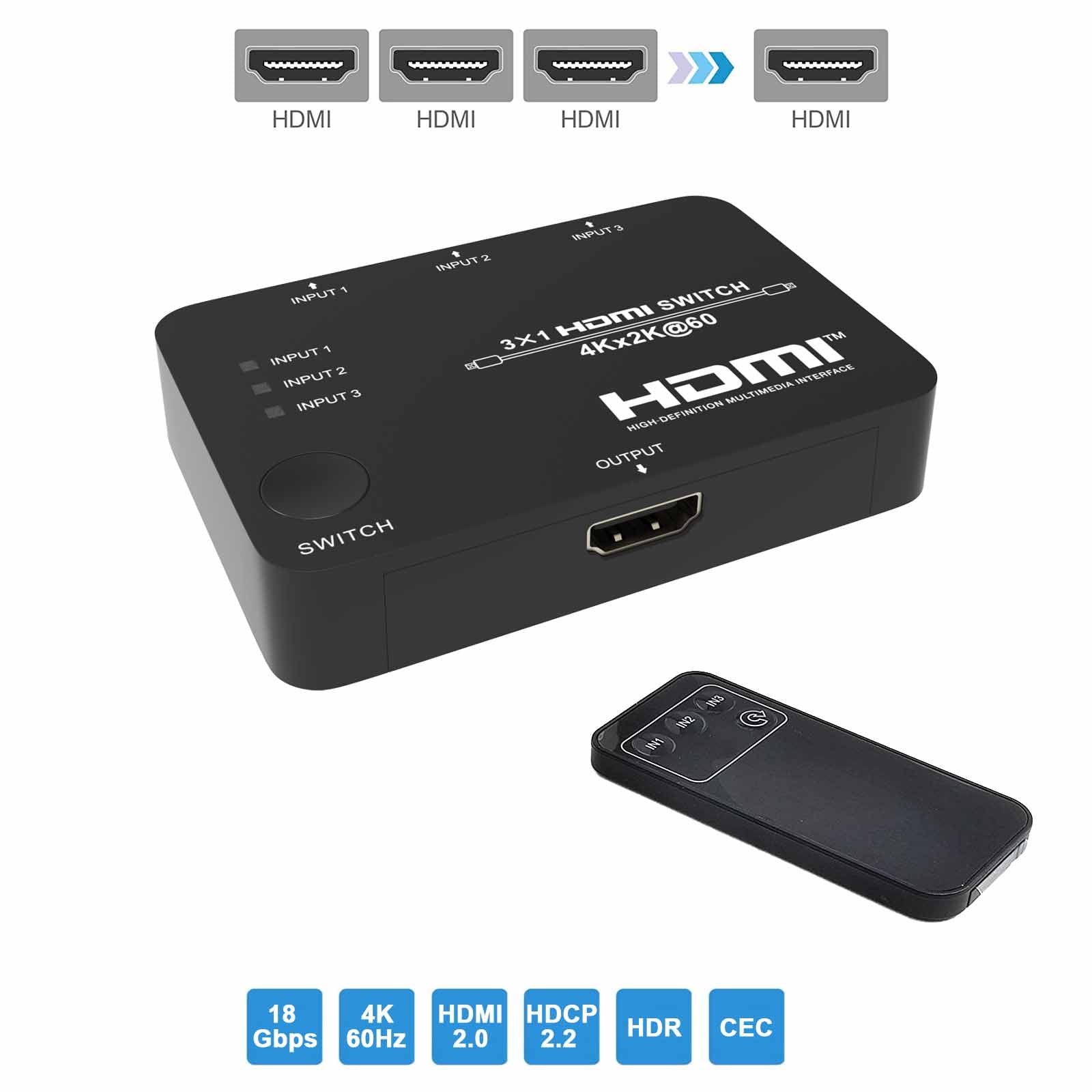 4K HDMI Switch 3 in 1 out IR Remote Manual Switching-BUNGPUNG
