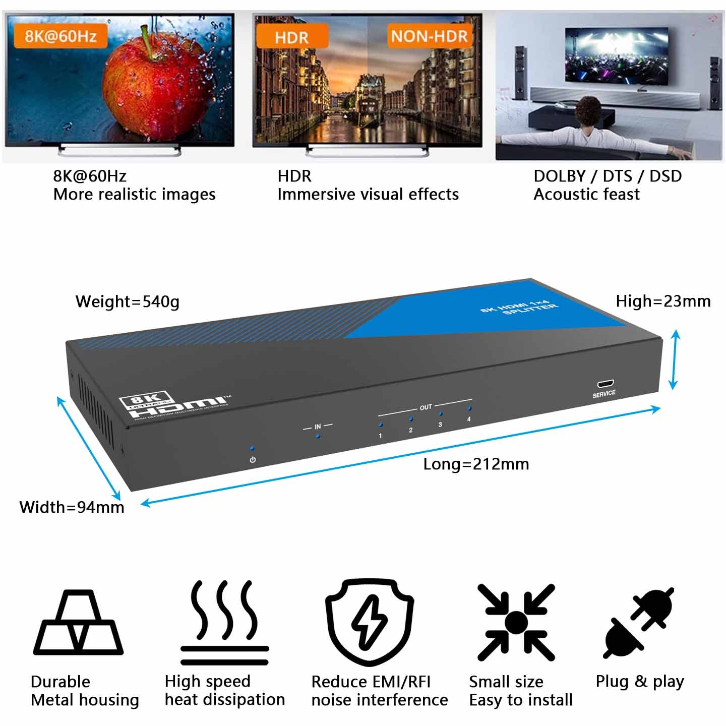 8K HDMI Splitter 1 in 4 out Audio Extractor EDID Management-BUNGPUNG