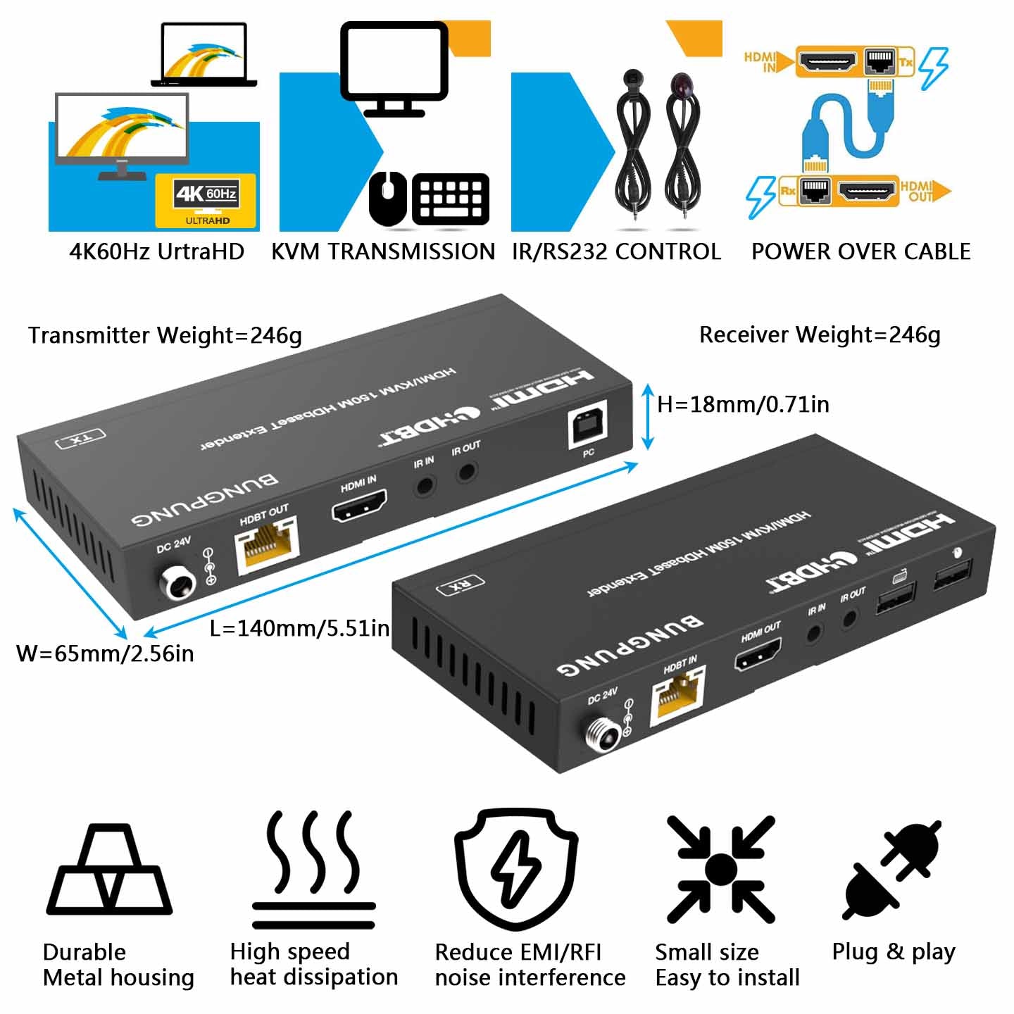 4K HDBaseT HDMI KVM Extender over CAT6 Cable 150m USB 1.1 IR-BUNGPUNG