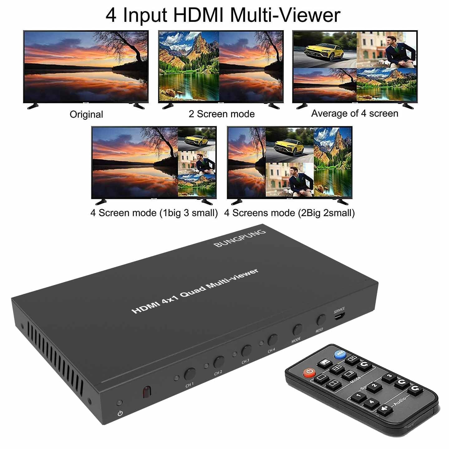 HDMI Multiviewer 4x1 1080P 60Hz Analog Audio output VGA out-BUNGPUNG