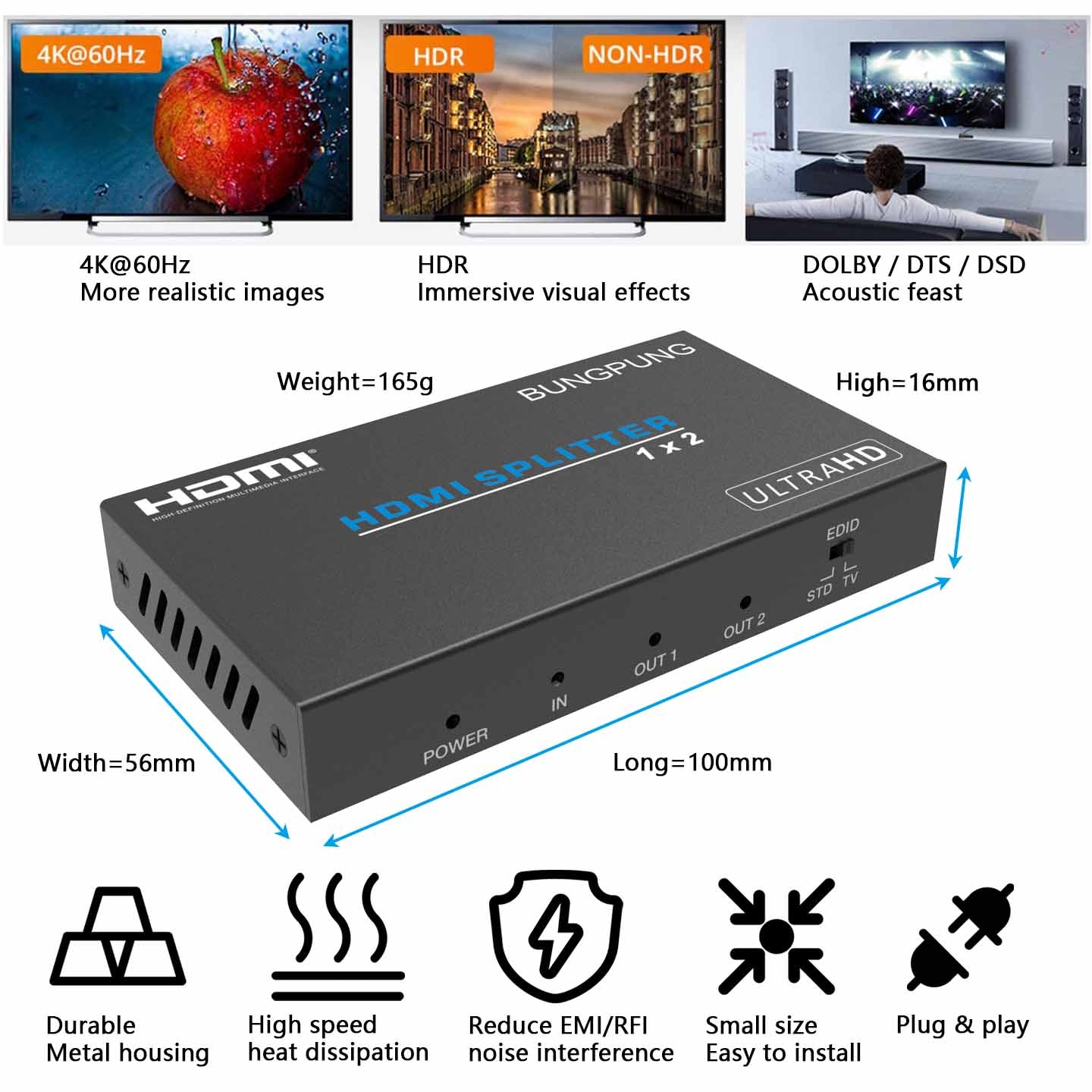 4K HDMI Splitter 1 in 2 out EDID management-BUNGPUNG