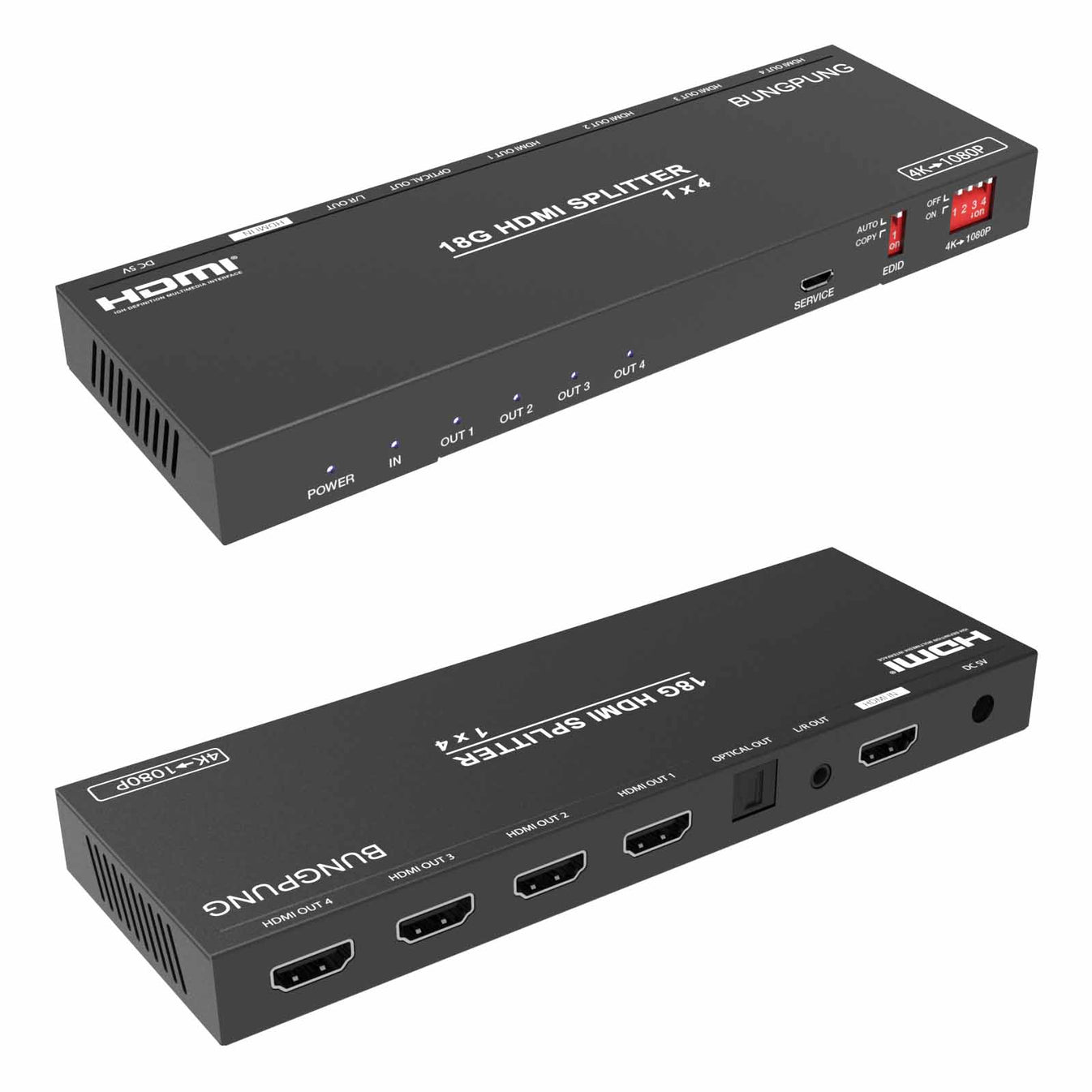 4K HDMI Splitter 1 in 4 out Audio Extractor EDID Management-BUNGPUNG