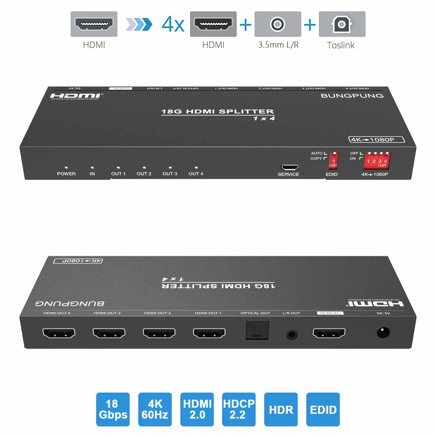 4K HDMI Splitter 1 in 4 out Audio Extractor EDID Management-BUNGPUNG