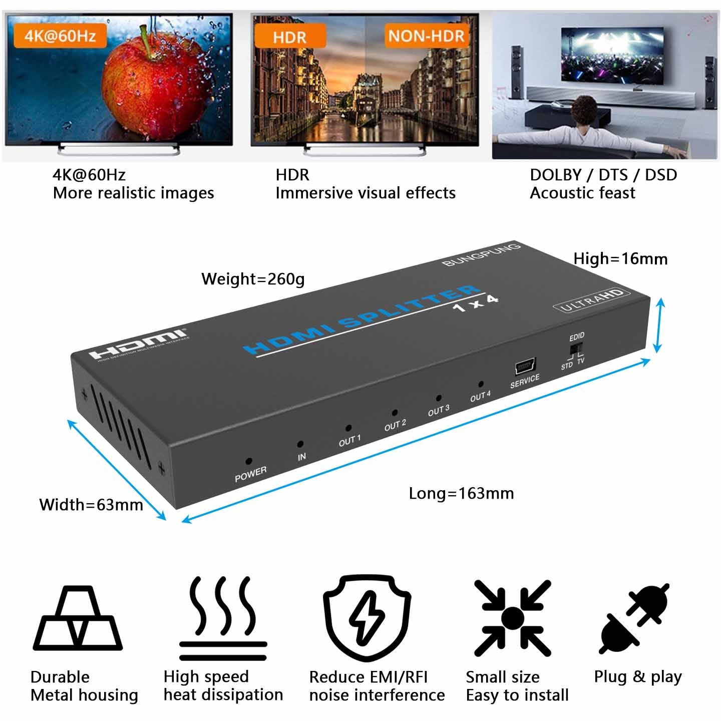 4K HDMI Splitter 1 in 4 out EDID management-BUNGPUNG